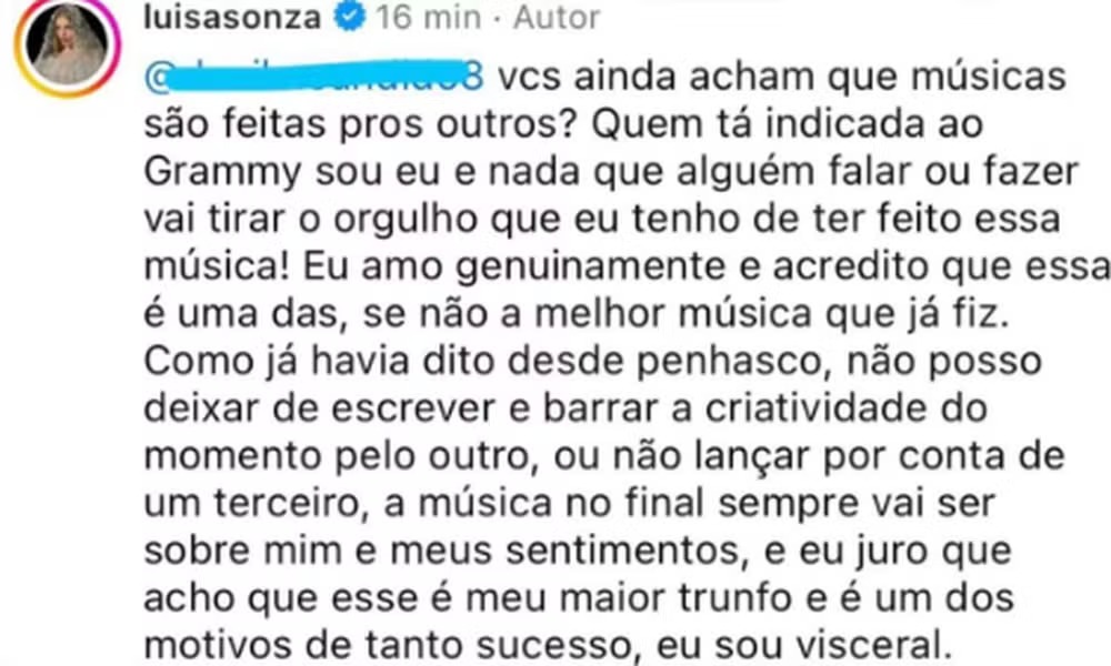 Luísa Sonza solta o verbo após receber crítica por indicação de 'Chico ... Luísa Sonza solta o verbo após receber crítica por indicação de 'Chico ...